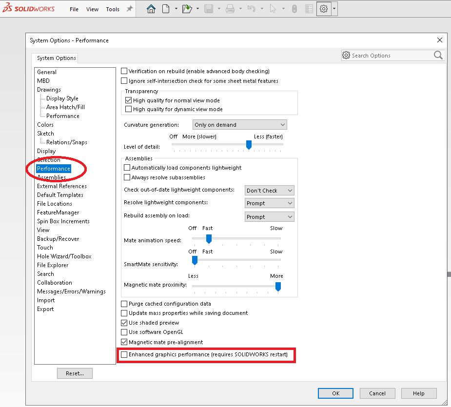 Recommended SOLIDWORKS® Performance Settings